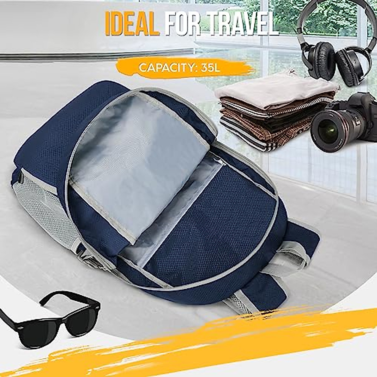 ZOMAKE Lightweight Packable Backpack 35L - Light Foldable Backpacks Water Resistant Collapsible Hiking Backpack - Compact Folding Day Pack for Travel Camping(Navy Blue)