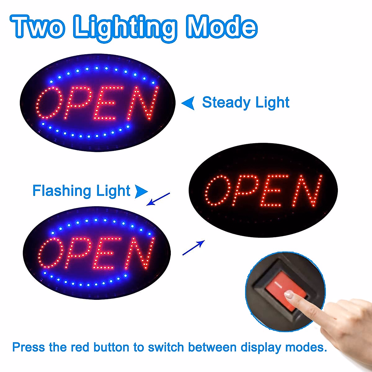 KEBE LED Open Sign, Bright High Visibility Advertisement Board Electric Display Sign Flashing Light for Business Walls Window Shop Bar Hotel, Two Modes, 19"x10"