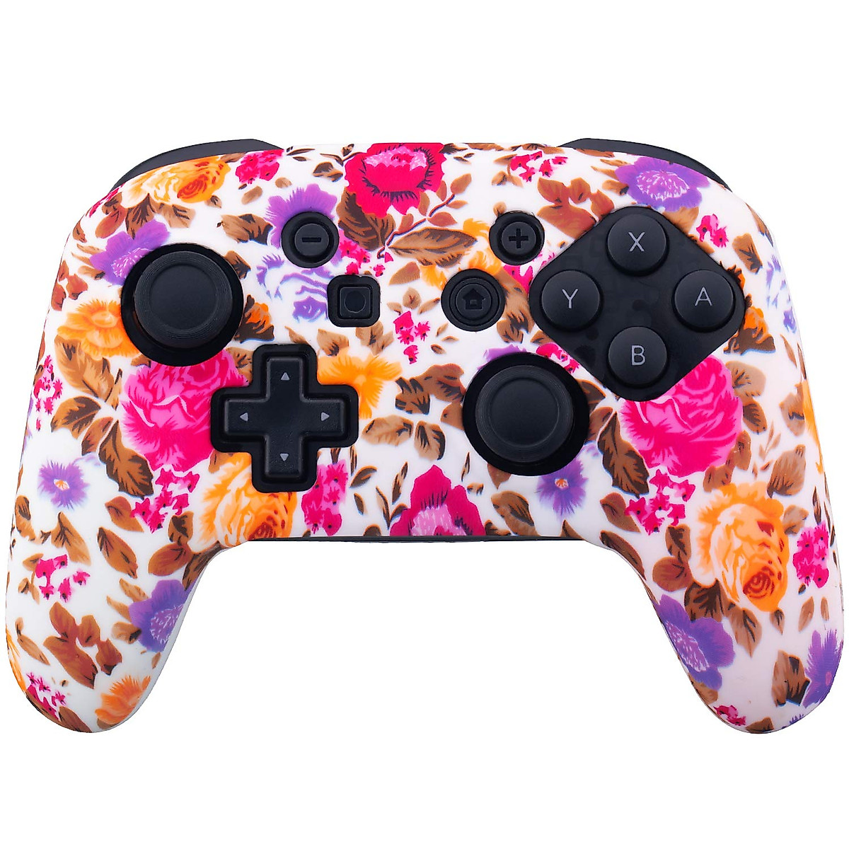 YoRHa Studded Silicone Transfer Print Cover Skin Case ONLY for Nitendo Official Switch Pro Controller x 1(Flowers) with Pro Thumb Grips x 8