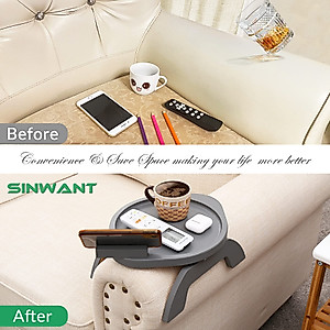 SINWANT Couch Arm Table, Bamboo Round Sofa Clip Tray Table with 360° Rotating Phone Holder,Sofa Arm Tray for Arm Chair Table, Folding Snack Eating Drink Tables