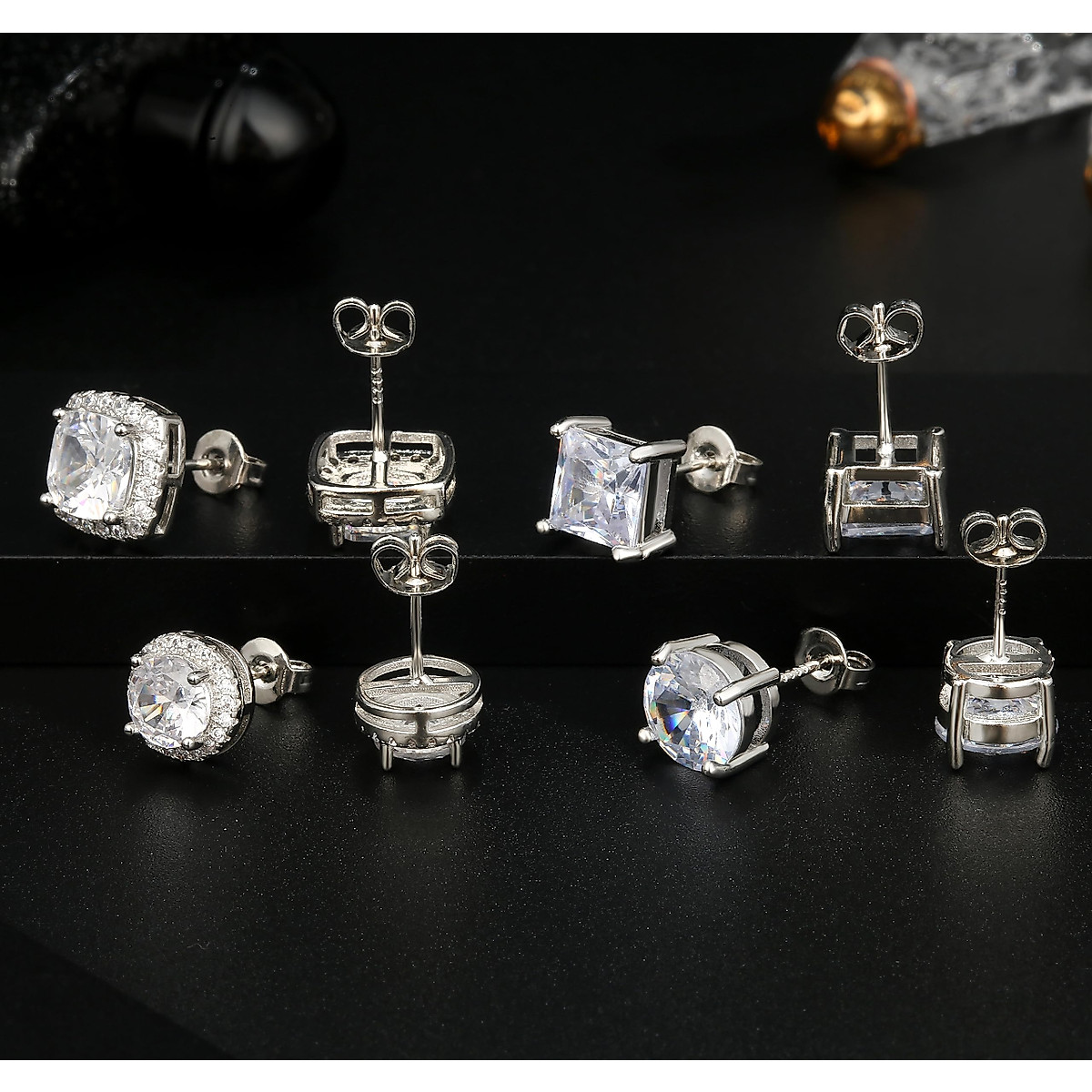 Zankulas Cubic Zirconia Stud Earrings for Women Mens Earrings Hypoallergenic Sterling Silver Post Square CZ Studs Set Silver