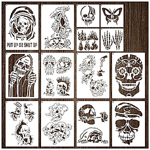 14 Pieces Skull Stencils Reusable, Scary Skeleton Stencils Fire Template Skull Flame Stencils Stencils for Painting on Wood, Wall, Canvas, Scrapbook Decorations DIY Craft Projects (14 skull)