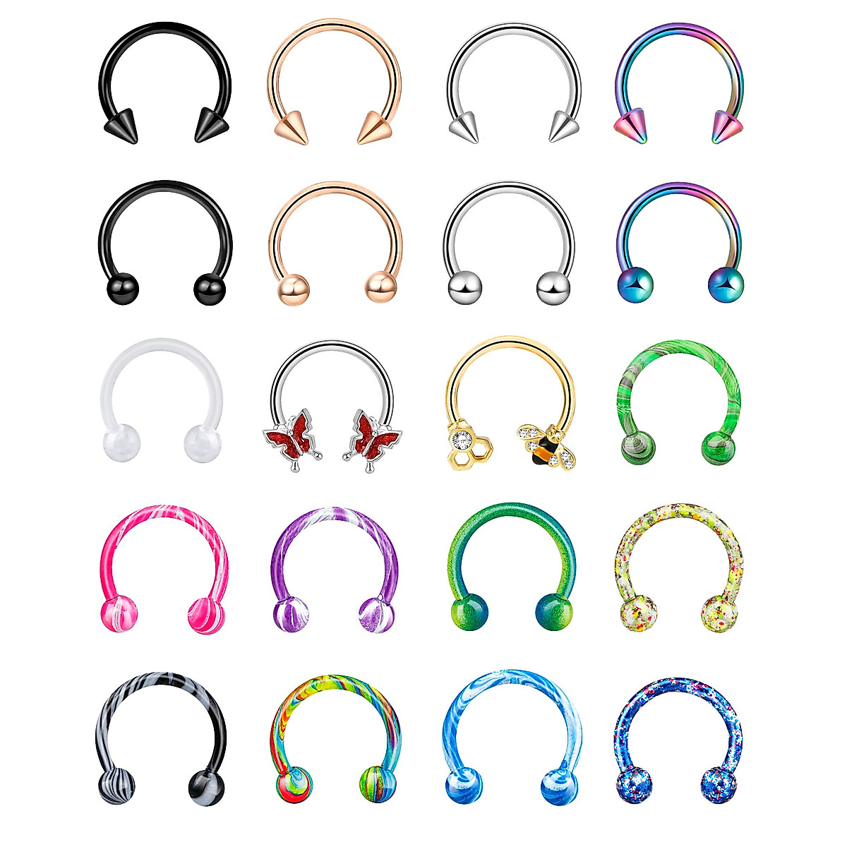 ONESING 20 Pcs Septum Rings 16G Septum Jewelry Septum Rings for Women Septum Lip Rings Nose Piercing Jewelry Tragus Horseshoe Earrings Hypoallergenic Stainless Steel Septum Ring 10mm