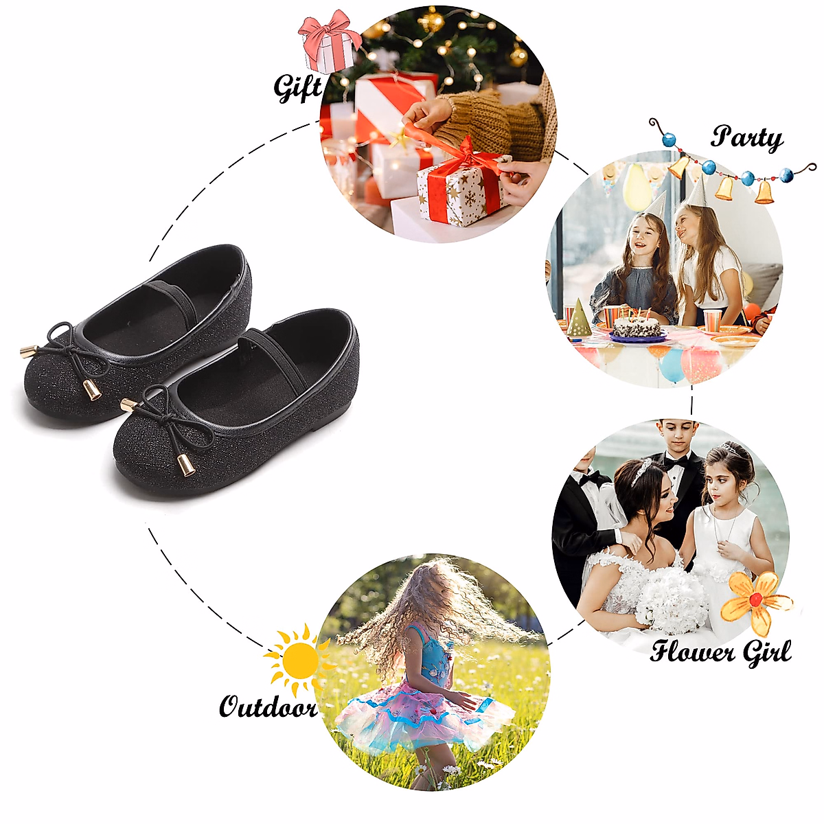 Felix & Flora Toddler Flower Girl Dress Shoes Size 5 - Girl Ballet Mary Jane Flats Black Party School Wedding