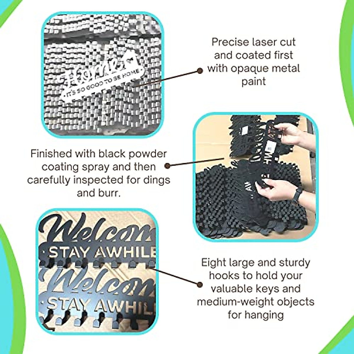 Decorative Key Holder for Wall | Maple & Six - Wall Mounted Key Holder with 8 Hooks |Keyring Organizer| Black | 12 x 4.5 x 1 Inches (Home- Our Happy Place)