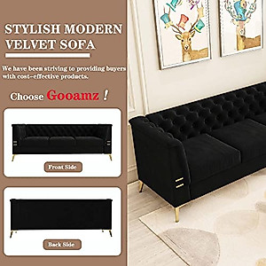 Gooamz Black Velvet Couch Sofa, 82 Inch Wide Modern Tufted Chesterfield Sofa with Flared Arms and Golden Metal Legs, Upholstered 3-Seater Sofa Large Comfy Couches for Living Room (Black)
