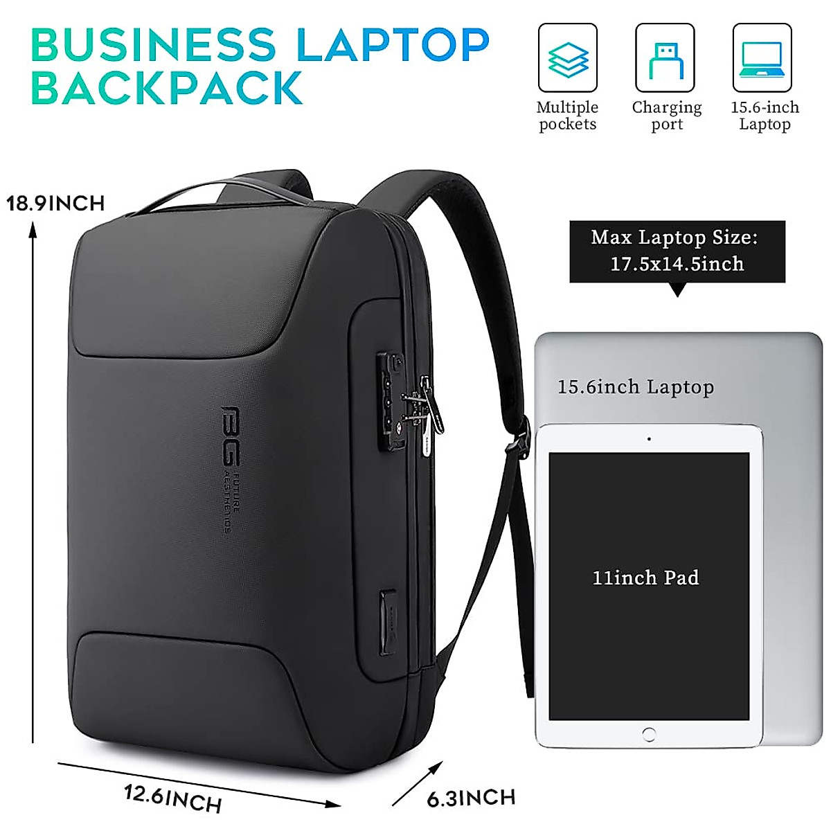 BANGE Anti Theft Business Laptop Backpack Fits 15.6 Inch Notebook,Smart Work Backpack with USB Charging Port for School Office College Airplane