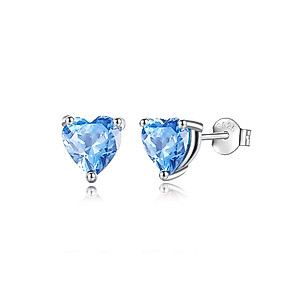 Vito 925 Sterling Silver Birthstone March Stud Earrings for Women, Cubic Zirconia Hypoallergenic Heart Aquamarine Ear Studs Jewelry Gift for Sister Daughter on Birthday
