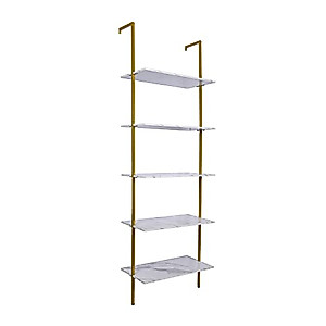 Cavoba Modern Ladder Shelf, 5-Tier Open Wall-Mounted Bookshelf, Plant Flower Stand Utility Organizer Bookcase (Gold/White)