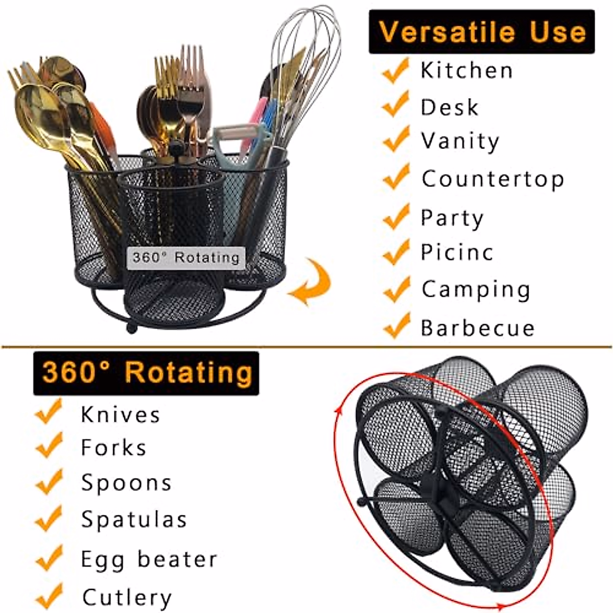 BESSKON 360° Rotating Kitchen Silverware Organizer,Utensil Organizer,4 Compartment Flatware Organizer,Countertop Utensil Holder for Spatula,Knives,Spoons and Forks,Counter Cutlery Caddy for Party