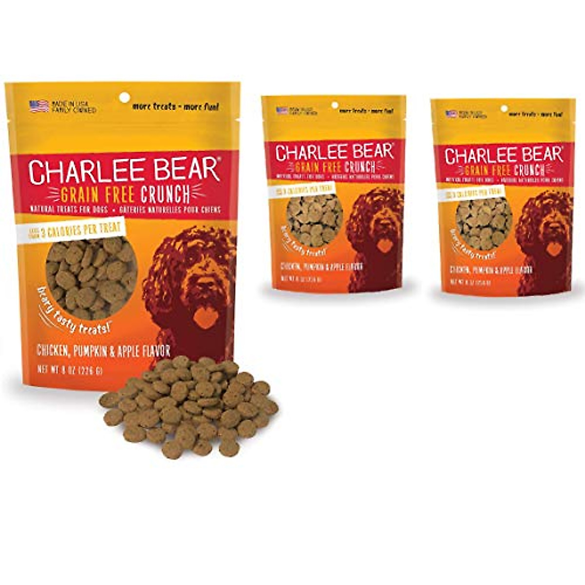 Charlee Bear Crunch Chicken, Pumpkin & Apple Flavor Dog Treat and Snack (3 Pack) 8 oz Each