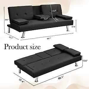 GEEVIVO Futon Sofa Bed, Modern Leather Living Room Sofa, Loveseat Folding Convertible Sofa, Couch Bed Sofa Pull Out with 2 Cup Holders with Armrest in The Middle(Black)