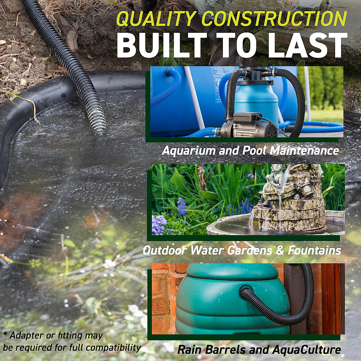 Sealproof Kinkproof 1-1/2" Dia Waterfall, Pond Tubing, 1-1/2-Inch ID, 20 FT, Black Corrugated PVC Strong Flexible Tubing, Made in USA