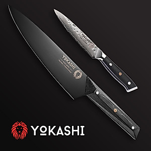 YOKASHI 67 Layers Damascus VG-10 5” Paring Knife and Black Titanium Chef Knife - Sturdy Design & Ergonomic Handles - Corrosion Resistant & Ultra Sharp Vacuum Treated Blades