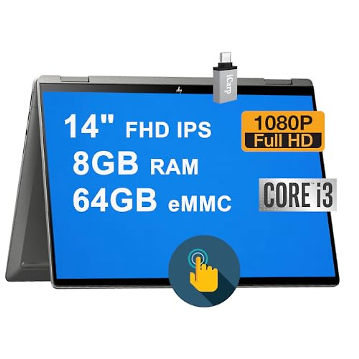 HP Chromebook x360 2-in-1 Laptop 14" FHD IPS WLED Touchscreen Intel i3-10110U 8GB DDR4 64GB eMMC Fingerprint Reader Backlit Keyboard B&O ChromeOS + USB-C Adapter