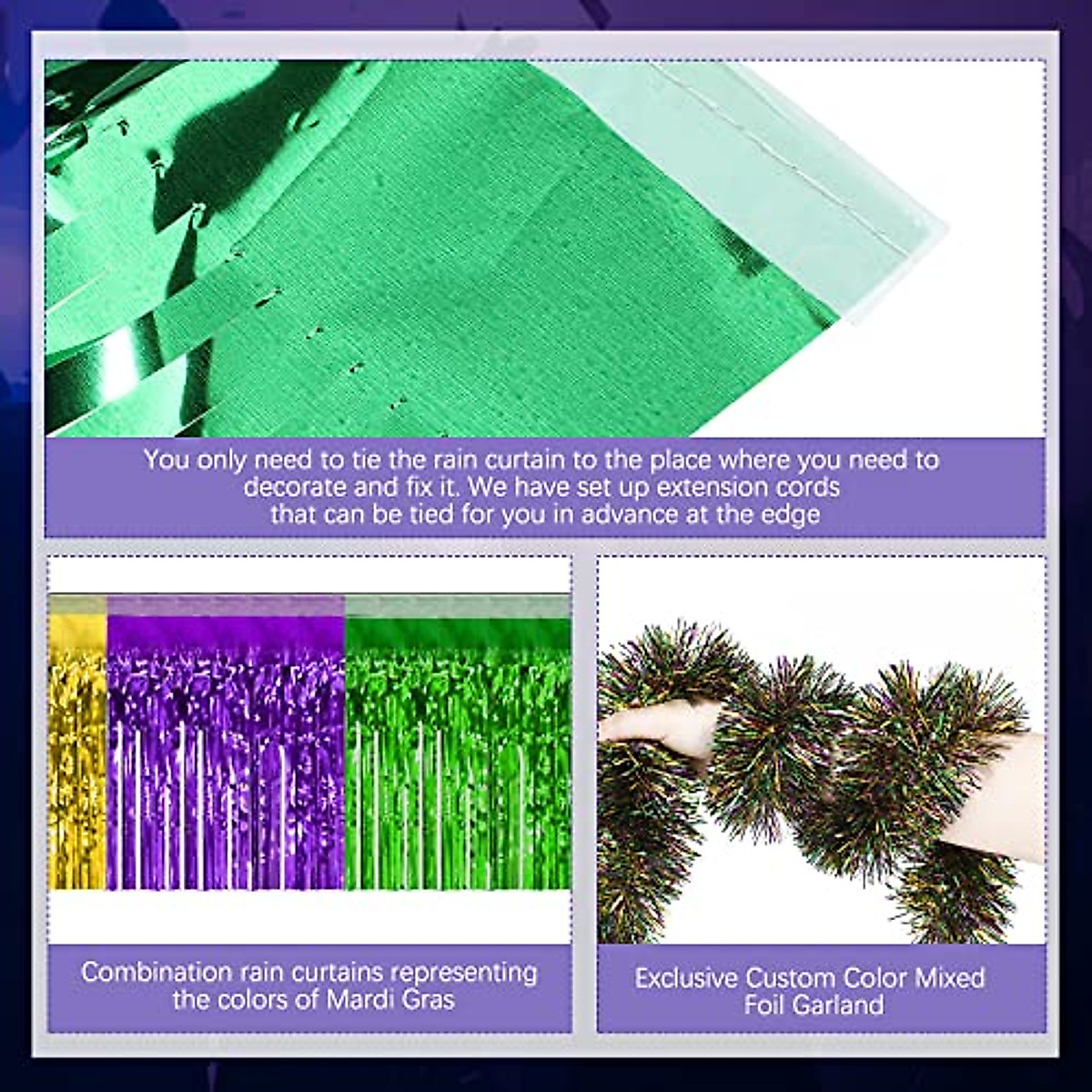4 Pcs Mardi Gras Parade Car Decoration 6.56 ft Foil Fringe Garland 9.84 ft Gold Purple Green Metallic Tinsel Streamers Banner Wall Hanging Fringe Curtain Backdrop Banner for Mardi Gras Party Supplies