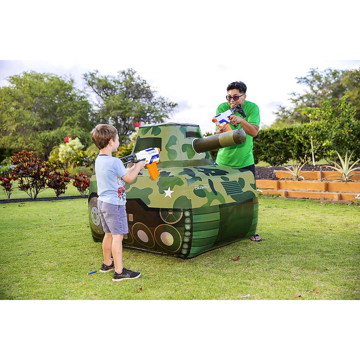 Dazmers Inflatable Army Tank - Inflatable Military Battle Tank for Party War for Kids, Birthday, Toy Parties, Laser Tag, Paintball, Gel Blaster Gun, Water and Airsoft