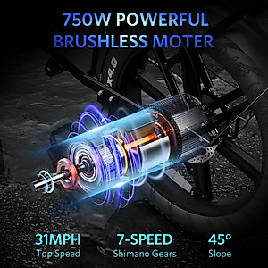 OUXI V8 Electric Bike Adults, Electric Mountain Bike with 750W Motor 48V 15Ah Removable Larger Battery 31MPH 20'' Fat Tire E Bike Shi-Mano 7-Speed Adult Electric Bicycles (Black)