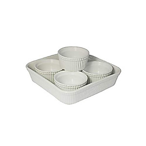 LE REGALO 5 Piece Dessert Set, Set of 4 Ceramic Ramekin Bowls and 1 Stoneware Baking Dish, Large, White