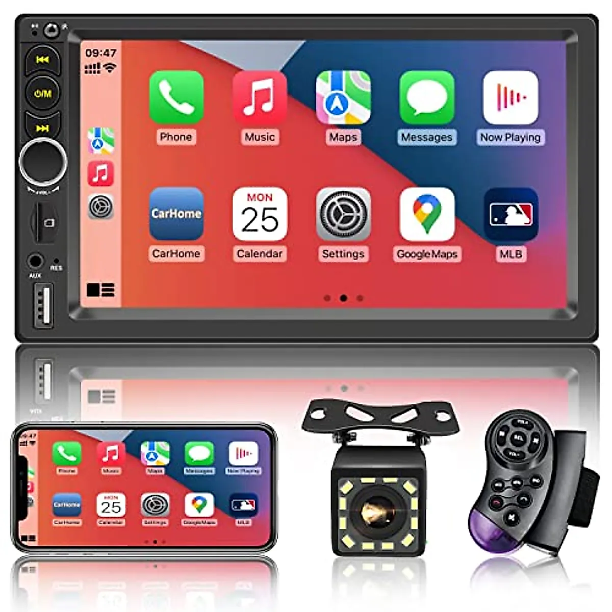 7'' Double Din Car Stereo Build-in Apple Carplay,Bluetooth 5.1 Hand-Free Calling,Touchscreen Car Radio,GPS Navigation,Car FM,Night Vison Backup Camera,Fit Your Car,USB/TF/Subwoorf/240 watts