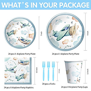 HIPVVILD Airplane Birthday Plates And Napkins Party Supplies - Airplane Party Decorations Tableware, Paper Plate, Cup, Napkin, Fork, Airplanes Birthday Baby Shower Decorations Dinnerware | Serve 24