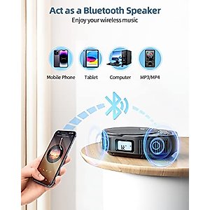 CD Player Portable, FELEMAN Upgraded 2 in 1 Portable CD Player & Bluetooth Speaker, Rechargeable Boombox CD Player for Car/Home with Remote Control, FM Radio, Support AUX/USB, Headphone Jack
