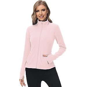 Dolcevida Women's Lightweight Soft Fleece Athletic Running Track Jackets Slim Fit Workout Jacket with Thumb Holes(Pink,Medium)