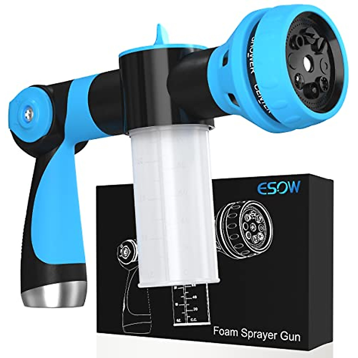 ESOW Garden Hose Nozzle, High Pressure Foam Sprayer Gun 8 Way Spray Pattern with 3.5oz/100cc Soap Dispenser Bottle, Snow Foam Gun for Car Wash, Watering Plants, Lawn, Patio, Showering Pet, Cleaning