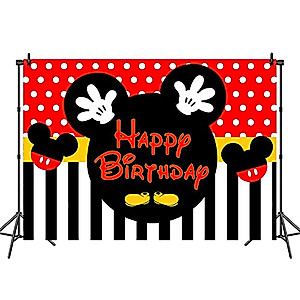 BINARY, Betta Mickey Mouse Photo Backdrop Mickey Happy Birthday Backdrop Red Black Stripes Dots Cartoon Mouse Backdrops for Baby Birthday Party Cake Table Background 6x4ft
