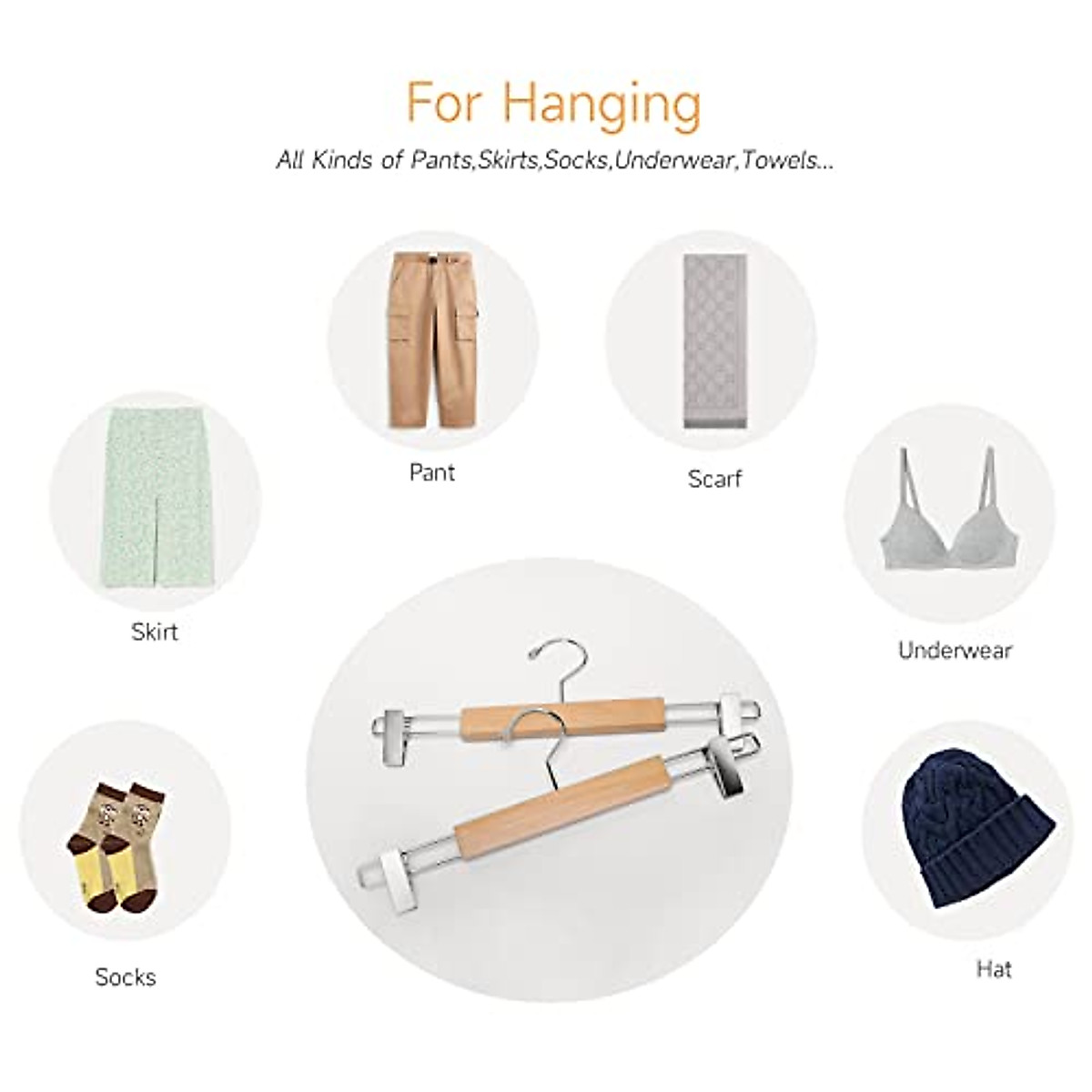 Nature Smile Solid Wooden Skirt Pants Hangers 20 Pack,Premium Wood Bottom Shorts Hangers for Slacks Trousers with Larger Adjustable Anti-Rust Clips (Natural)