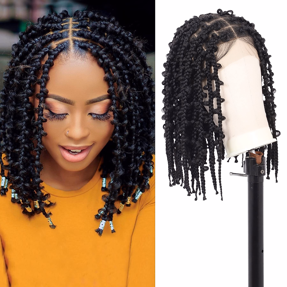 Lexqui 14" Short Knotless Braided Wigs for Women Box Braid Wig Butterfly Bob Braided Wigs Full Double Braided Lace Front Wig with Baby Hair Human Hair Blended Braiding Hair Wig Natural Black