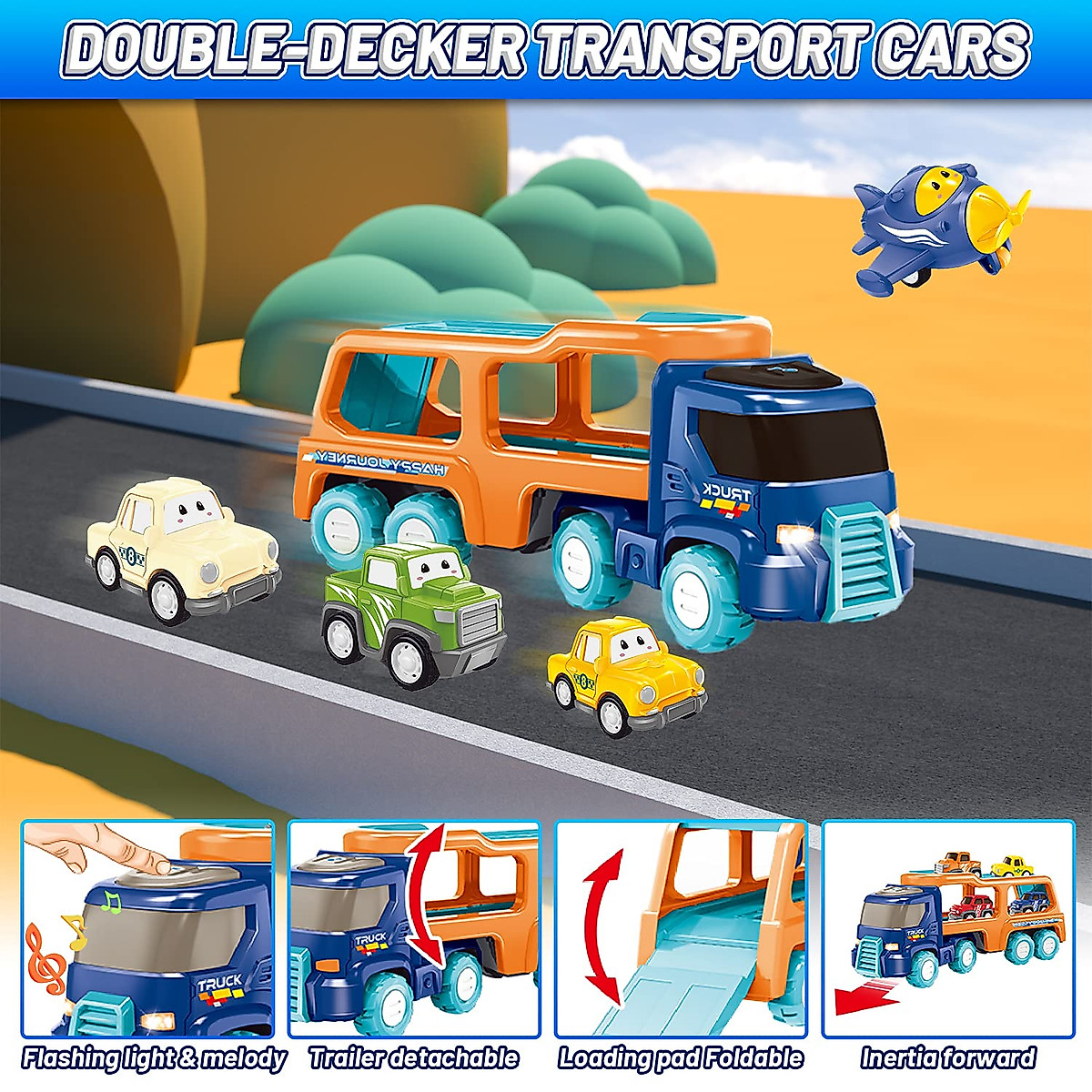 FGSOSO Toys for 1 2 3 4 5 Year Old Boy,7 in 1 Cartoon Vehicles Playset Carrier Car Toy Truck Transport Car with Lights and Melodys,Friction Power Push and Go Toys Car for Toddler Party Birthday Gifts