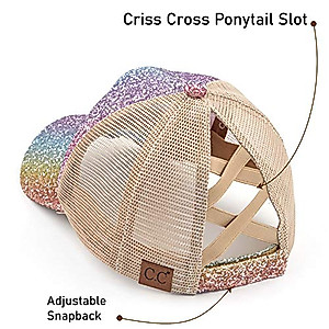 C.C Exclusives Washed Distressed Cotton Denim Criss-Cross Ponytail Hat Baseball Cap Bundle Hair Tie (BT-780)(BT-791) (A Elastic Band-Crystal Ombre Mermaid)