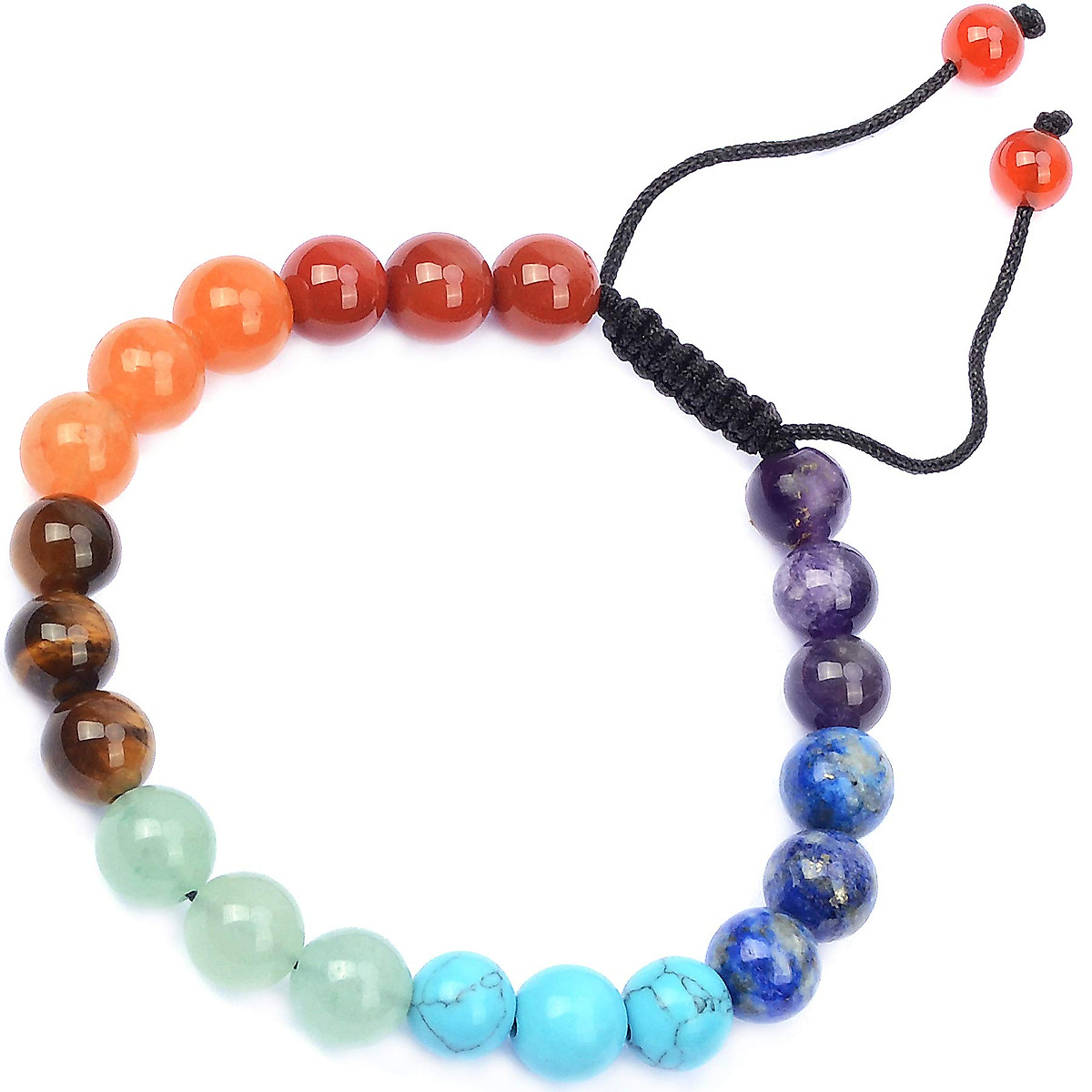 MASSIVE BEADS Handmade Gemstone 8mm Round Beads Adjustable Braided Macrame Tassels Chakra Reiki Bracelets (7-Chakra Stones, 8mm)