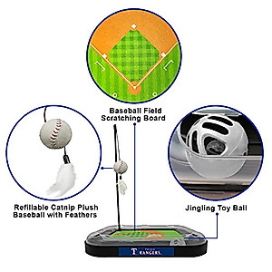 Pets First Cat Scratching Toy MLB Texas Rangers Baseball Field Cat Scratcher Toy with Interactive Cat Ball Bell in Tracks. 5-in-1 CAT Toy: Cat Wand Poll with Catnip Filled Plush Baseball & Feathers