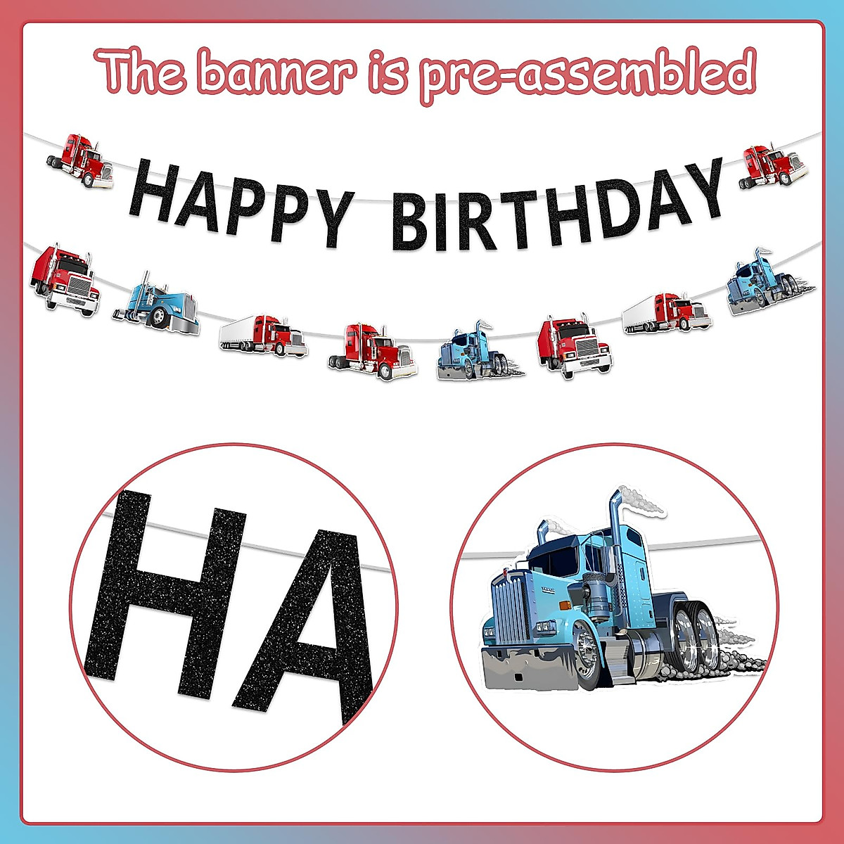 Construction Birthday Banner, Truck Happy Birthday Banner Garland for Boys Girls, Heavy Truck Semi Truck Happy Birthday Banner for Transportation Theme Birthday Party Baby Shower