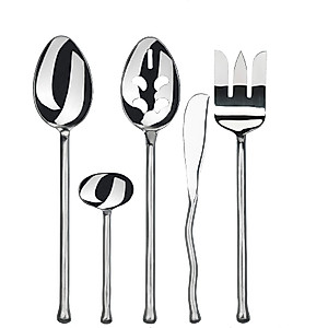 Gourmet Settings 5-Pieces Hostess Silverware Exotique Platinum Matte/Polished Metal Flatware Serving Set, Stainless Steel Kitchen Utensils Knife/Fork/Spoons, Dishwasher Safe