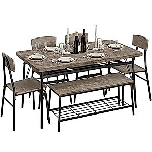 Yaheetech Dining Table Set for 6 Kitchen Table Set with Chairs and Bench 6 Piece Dining Set with 2 Storage Racks, Protective Foot Pads for Dining Room, Kitchen and Apartment, Drift Brown
