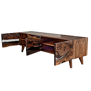 Angora Lara Epoxy TV Unit - Mid Century Modern Style | 100% Black Walnut Wood Entertainment Stand for TVs up to 120 Inches | Natural Walnut Wood Furniture Made in Turkey