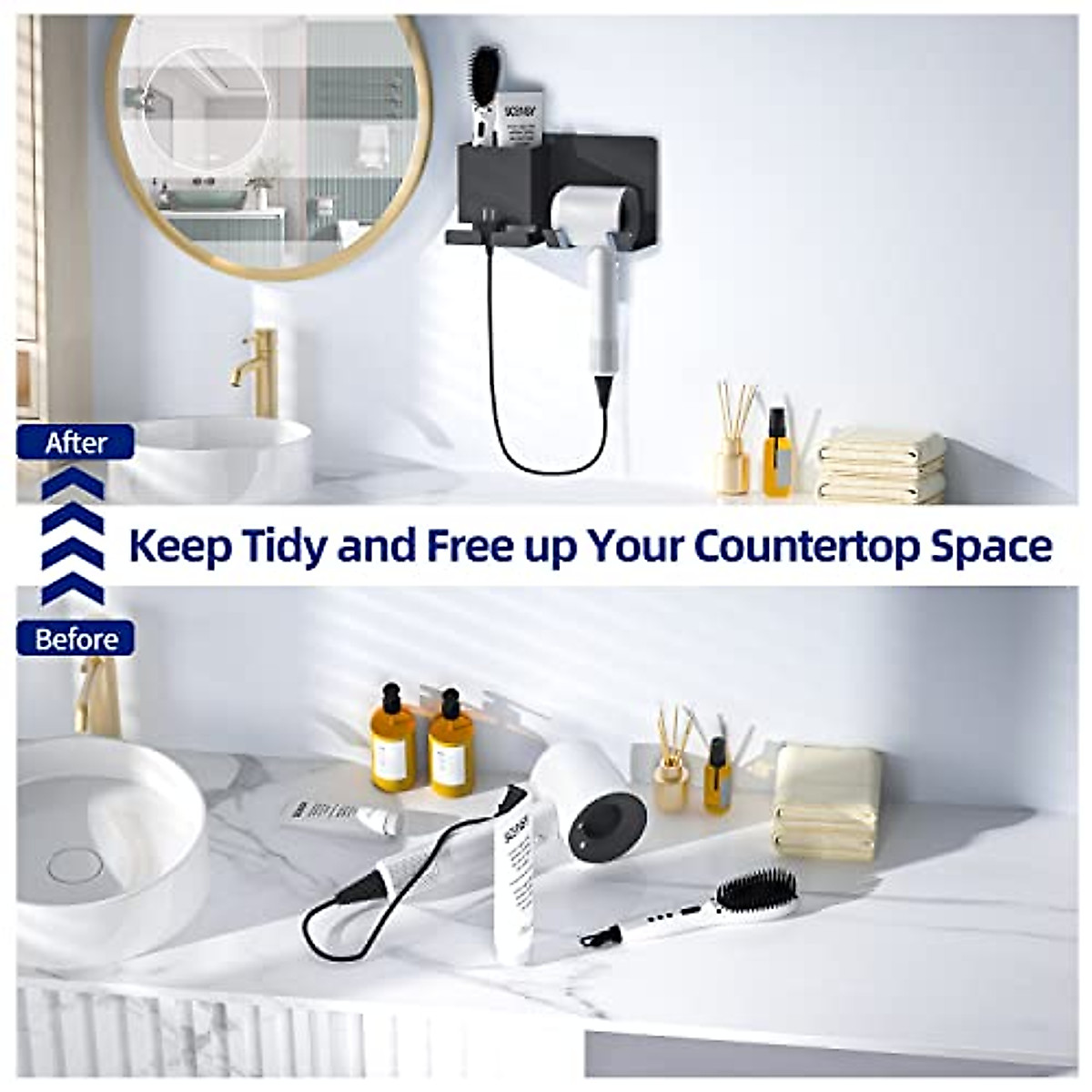 Hair Dryer Holder Wall Mount,Bathroom Blow Dryer Stand Wall Mounted Self Adhesive Hair Tool Holder Hair Styling Care Tool Organizer Hair Dryer Holder Rack Fit for Dyson Supersonic Dryers Black, UEMUSI