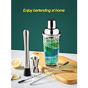 14oz Glass Cocktail Shaker,Martini Shaker Printed with 6 Drink Recipes，Measured Mixing Glass and Stainless Steel Top Drink Shaker, Best Gift for Beginner