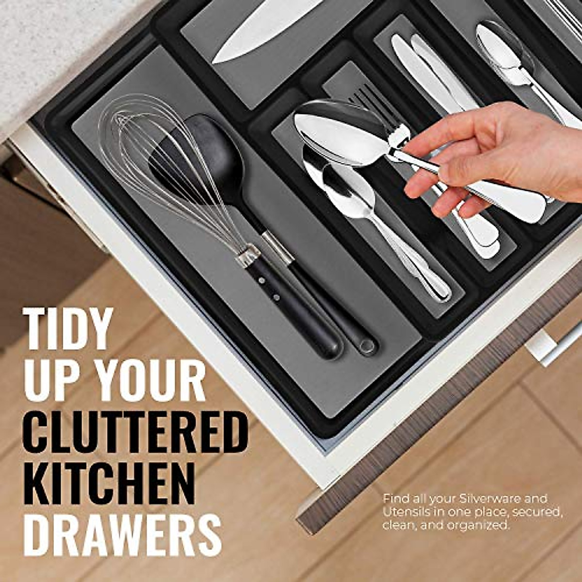 ELTOW Expandable Silverware Drawer Organizer & Utensil Tray Set, Non-Slip Kitchen Drawer Organizers and Storage, Kitchen Organization for Utensils, Cutlery, Office Supplies, Flatware Storage - Black