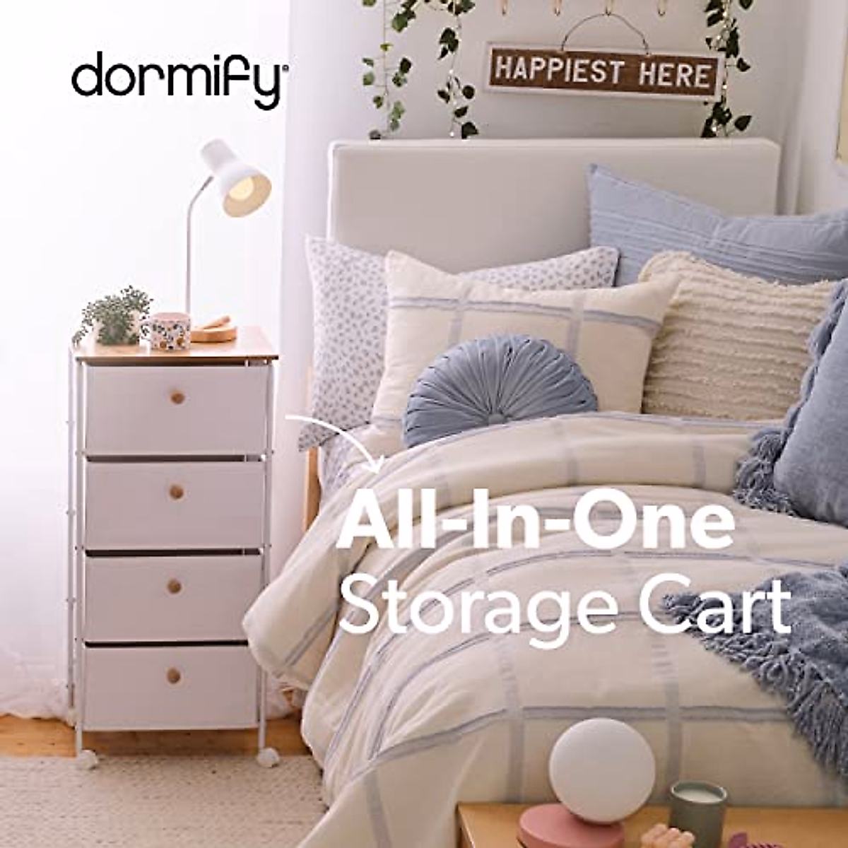 Dormify 4 Drawers Storage Organizer on Wheels | Storage Tower with Wood Top | Nightstand Organizer | Tall Skinny Dresser for Closet | 17" W x 18" D x 38" H | White| Dorm & Bedroom Essential
