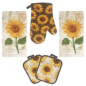 Lobyn Value Packs Golden Sunflower Kitchen Towel 5 Piece Linen Set 2 Towels 2 Pot Holders 1 Oven Mitt
