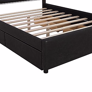 YSWH Queen Size Upholstered Platform Bed, Wood Storage Bed Frame with 4 Drawers, Headboard with LED Lights Strips and USB Charging, Kids Adults Bedroom Furniture Versatility Bed (Black)