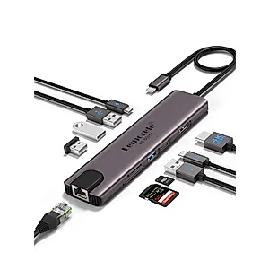 Lemorele USB C Hub, 10-in-1 USB C Dongle, USB-C Hub Multiport Adapter with HDMI 4K 60Hz, Gigabit Ethernet, 100W Power Delivery, 2 USB 3.0 Ports, SD/TF Card Reader for MacBook Pro/Air Type C Laptops