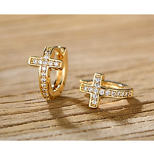 Barzel 18k Gold Plated Crystal Huggies Cross Earrings for Women - Made In Brazil