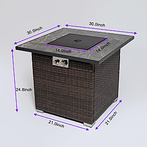 30 in. Outdoor Square Brown Wicker Fire Table Propane Gas Fire Pit Table with Lid Gas Fire Pit Table with Glass Rocks & Rain Cover