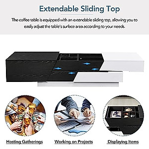 Merax Coffee Table for Living Room, Extendable Coffee Table with Sliding Top & Hidden Storage Compartment, Modern Cocktail Table Center Table for Office (White & Black)