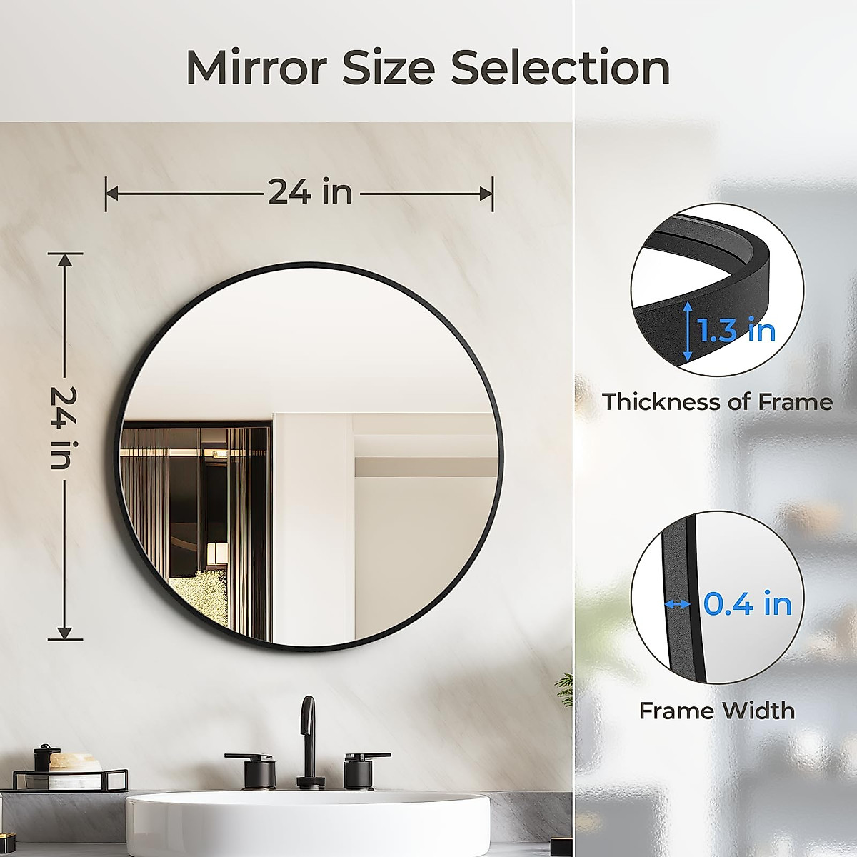 USHOWER Black Round Mirror for Over Sink 24-inch, Circle Bathroom Mirror, Metal Frame Vanity Mirror, Modern Wall Mirror for Entryway Living Room